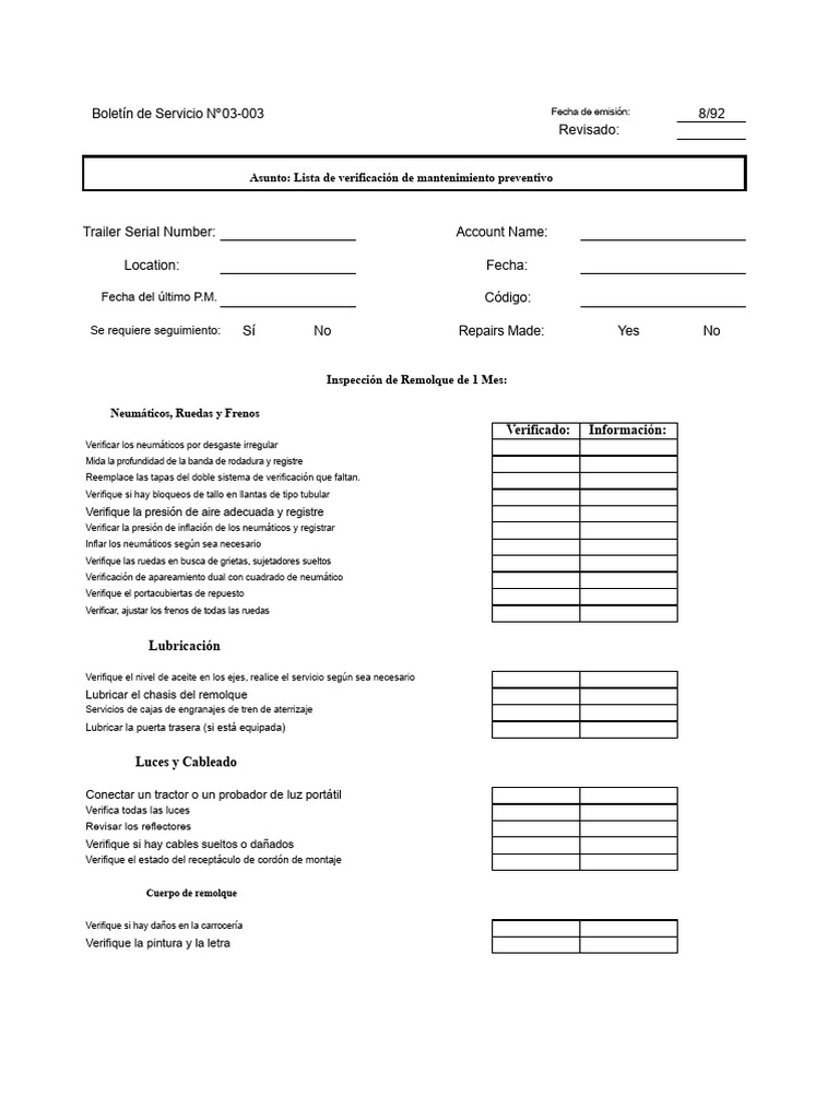 SB-03-003-Lista de verificación de mantenimiento preventivo | PDF | Neumático | Eje
