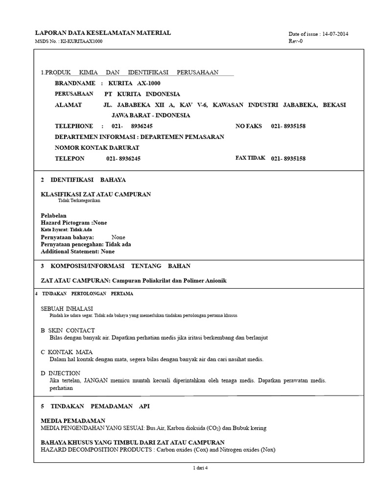 Laporan MSDS Kurita AX-1000 | PDF