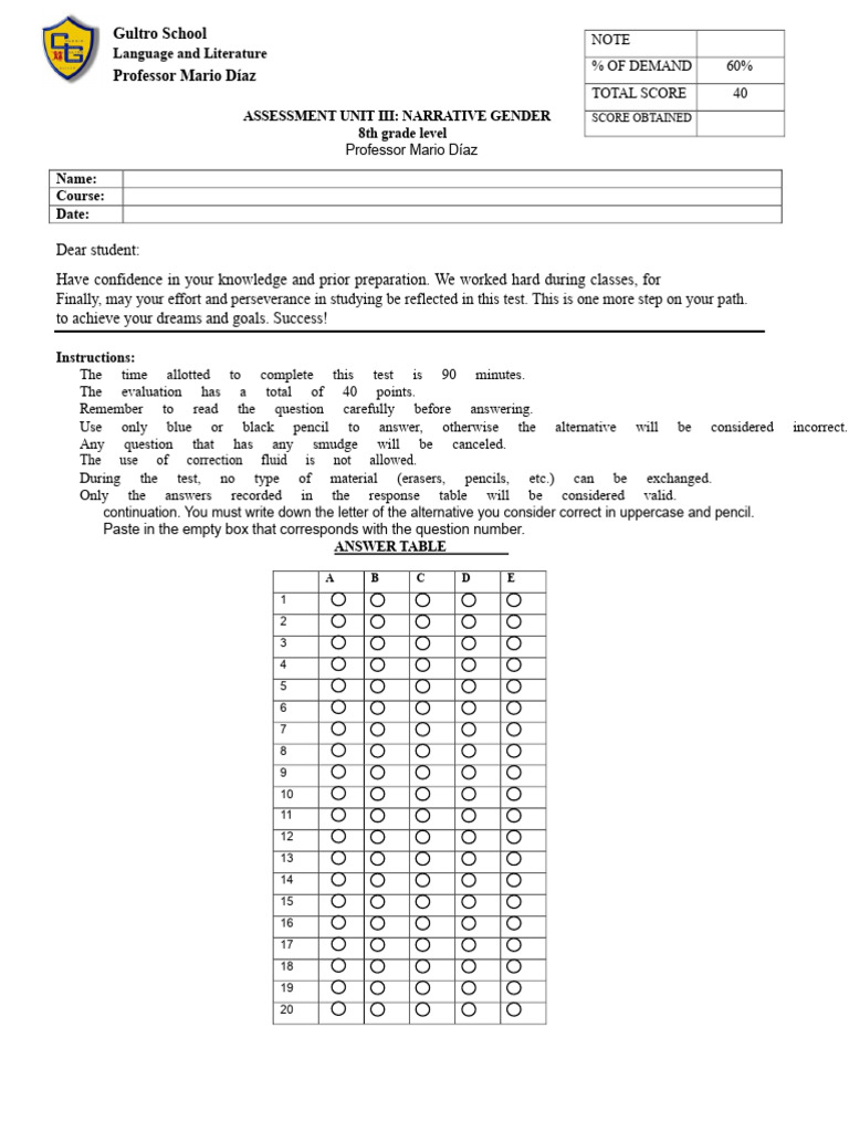 Narrative Genre Test 8 Basic | PDF | Narrative | Multiple Choice