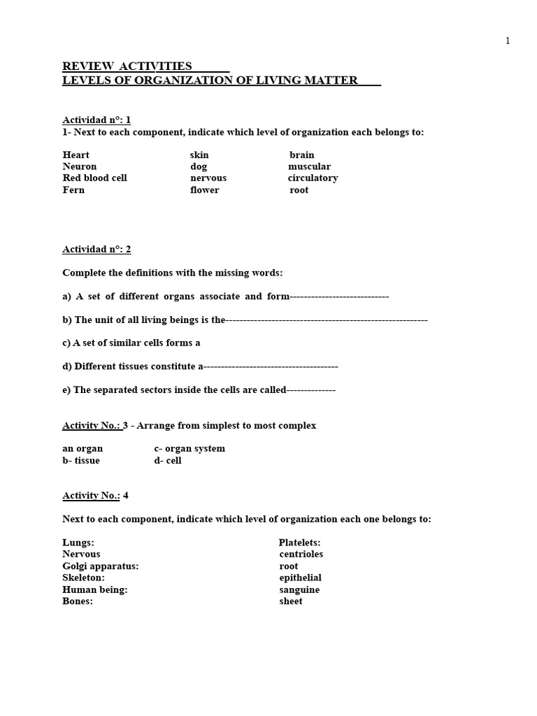 Review Activities Levels of Organization of Life | PDF | Human ...