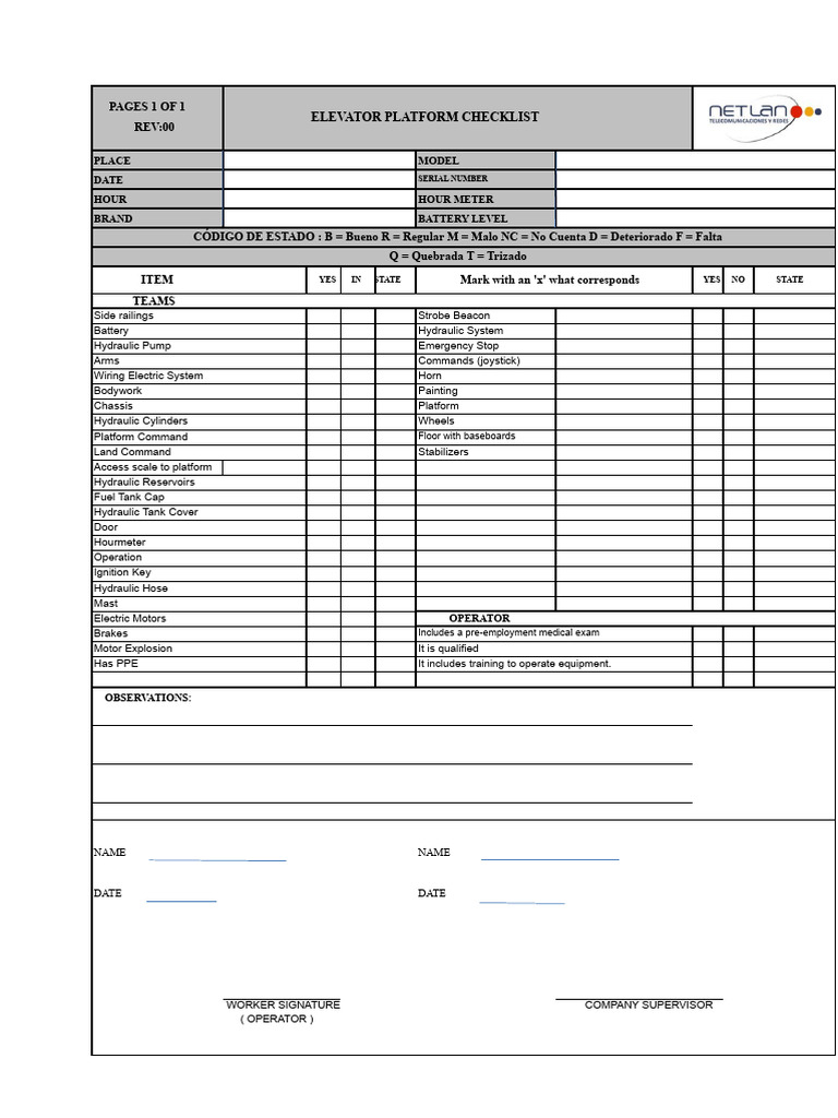 Elevator Platform Safety Checklist | PDF