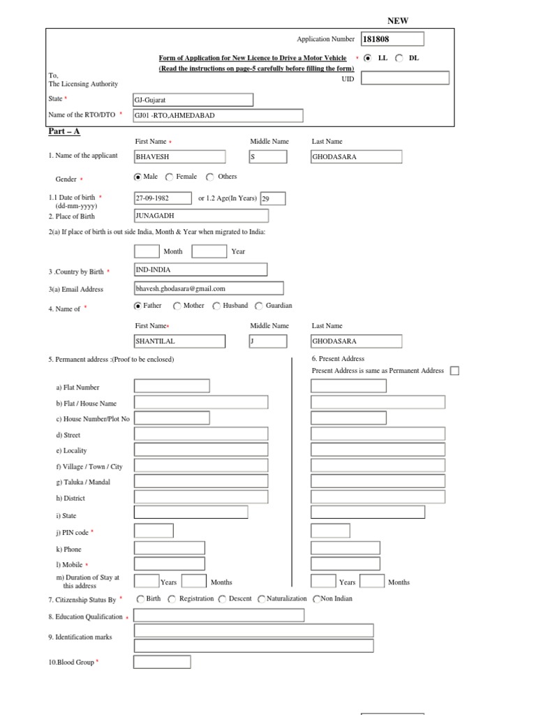 Form of Application For New Licence To Drive A Motor Vehicle LL DL ...