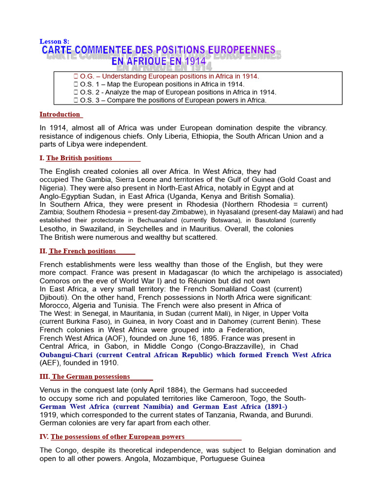 Lesson 8_Map of European Positions in Africa in 1914 | PDF | Africa ...