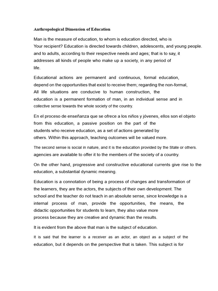 Anthropological Dimension of Education, Introduction | PDF | Idea | Concept
