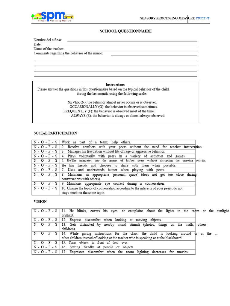 Sensory Processing Measure Questionnaire | PDF | Perception | Questionnaire