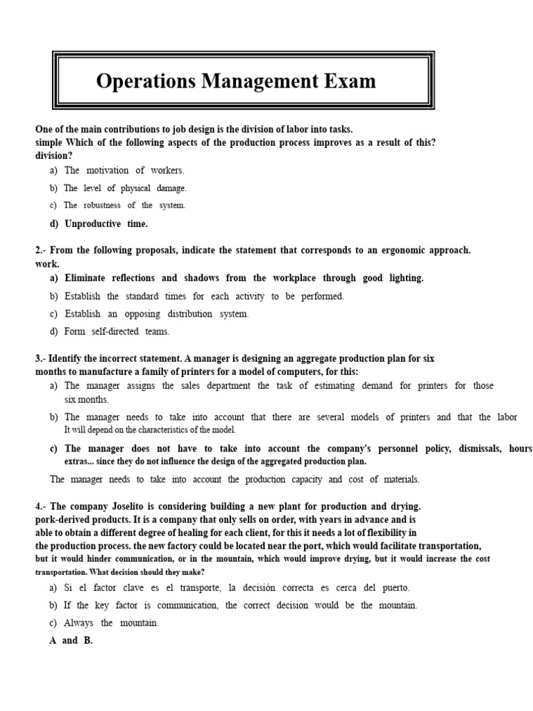 Operations Management Exam Questions | PDF | Labour Economics | Lean ...