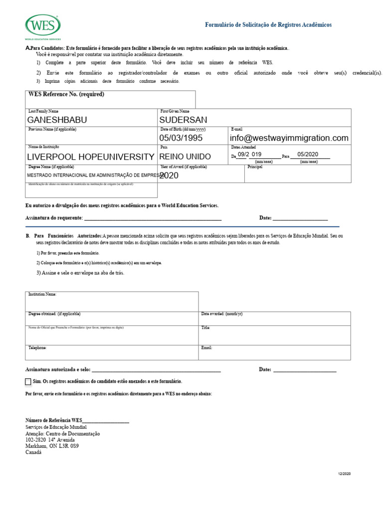 Formulário de Solicitação Acadêmica WES (ATUALIZADO) | PDF
