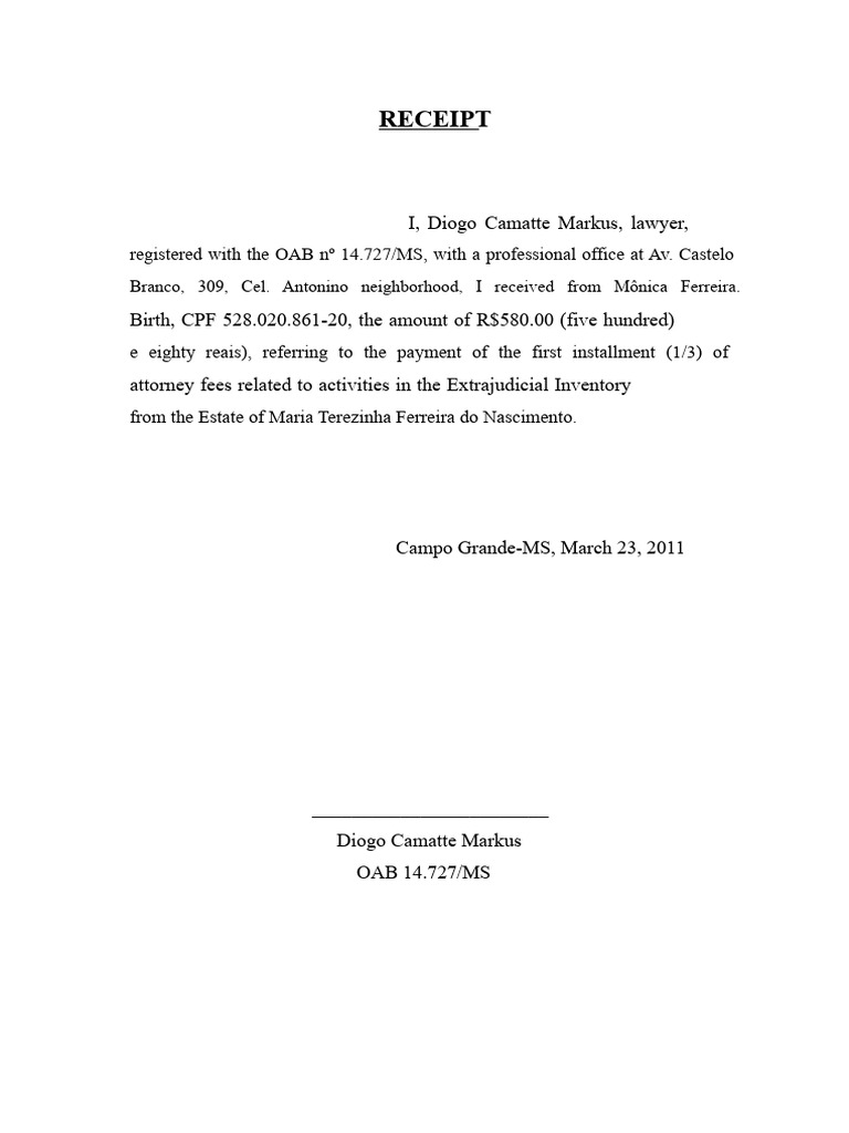 Attorney Fee Receipt for Inventory Case | PDF
