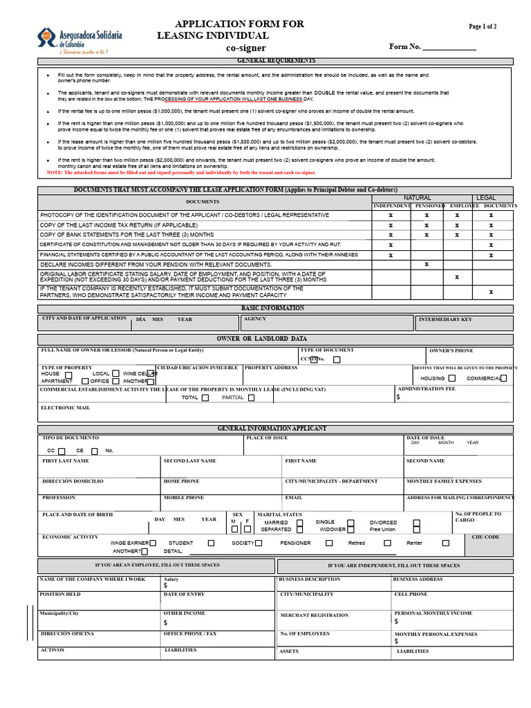 Leasing Application Form with Co-Signer Requirements | PDF | Insurance ...