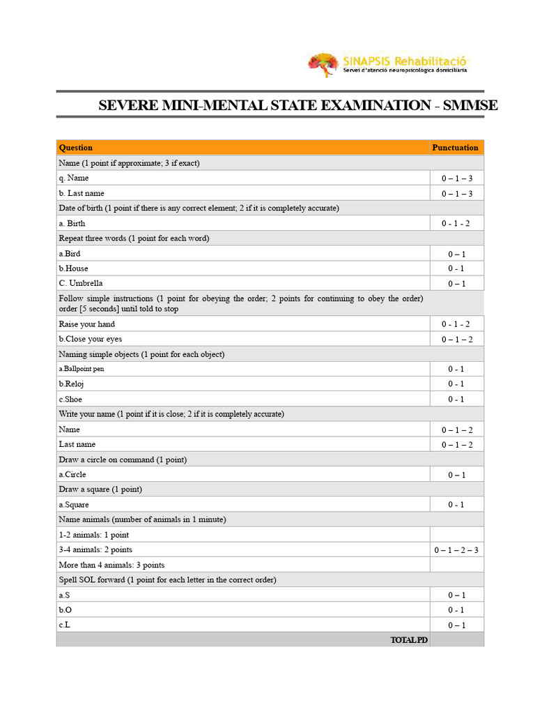 Severe Mini-Mental State Examination - Smmmse. Test | PDF | Cognition ...