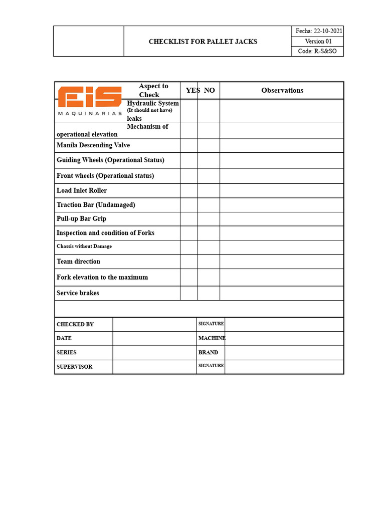 Pallet Jack Inspection Checklist | PDF