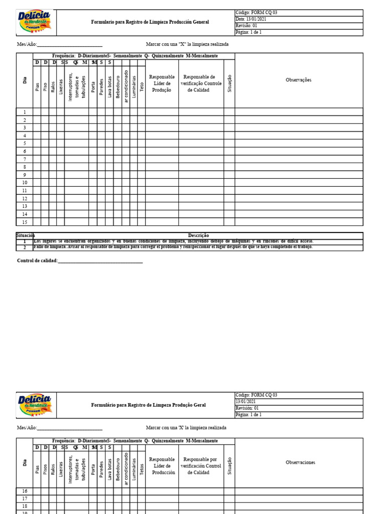 FORM CQ 03 Formulario de Limpieza Producción General | PDF