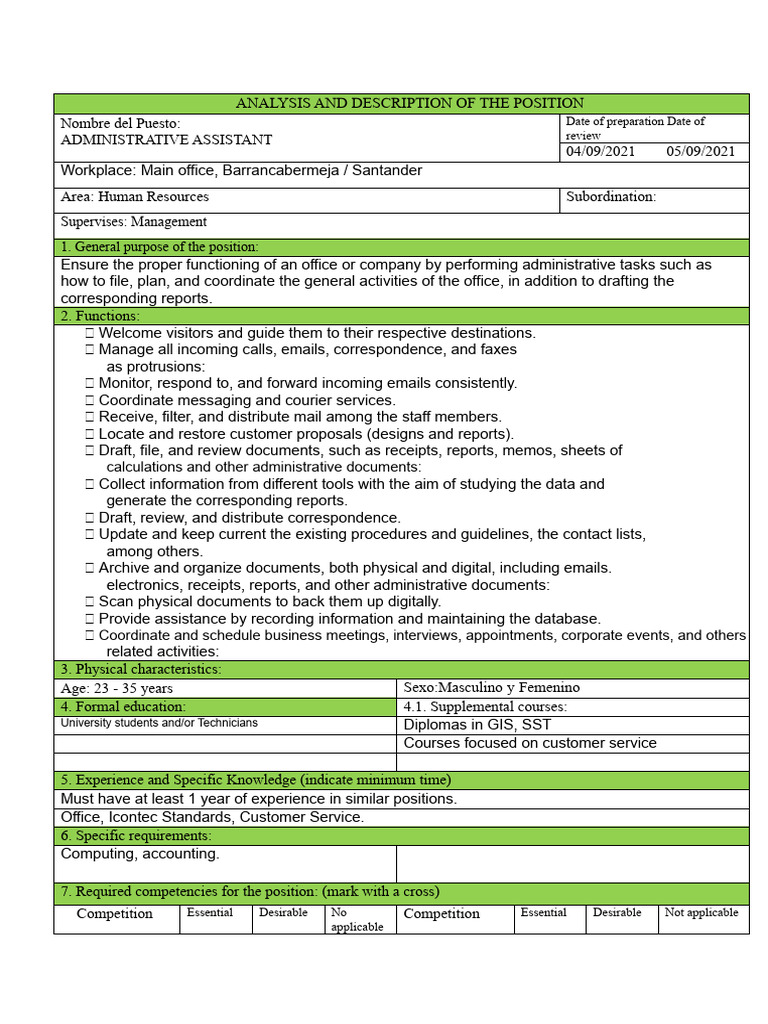 ANALYSIS AND DESCRIPTION OF THE POSITION Administrative Assistant | PDF