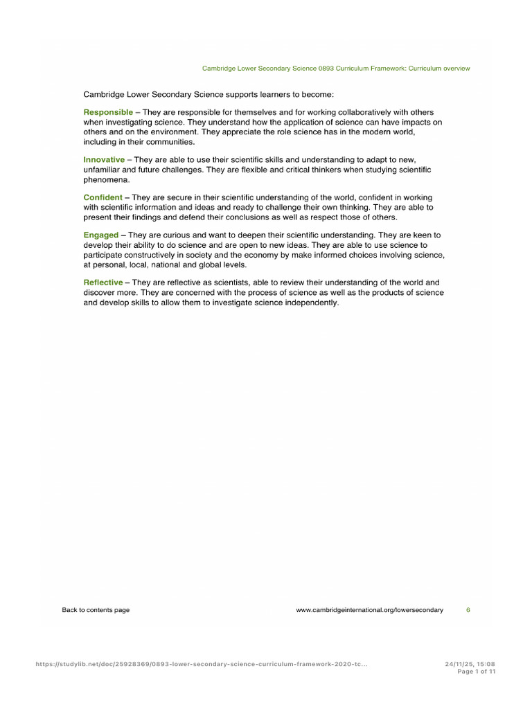 Cambridge Lower Secondary Science Curriculum Framework | PDF