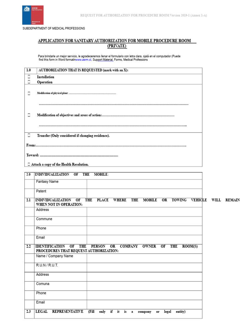 Annex-1-A-Health Authorization Form-Mobile Procedure Rooms-Chile | PDF ...
