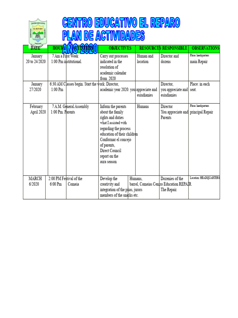 Activity Schedule 2020 Reparo Educational Center | PDF