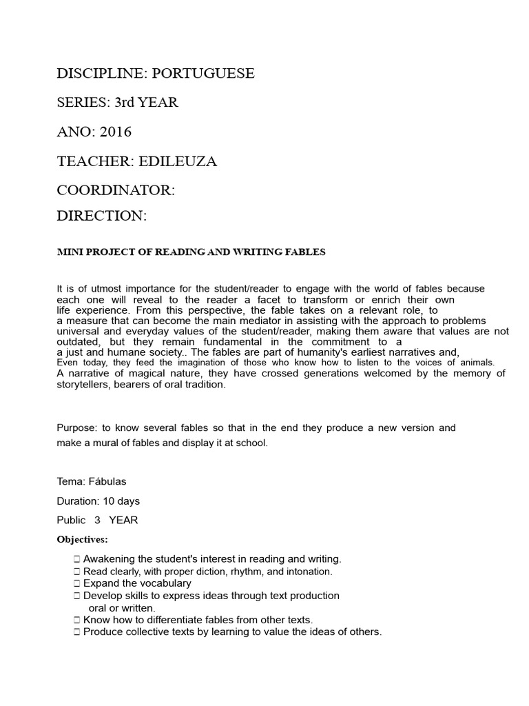 Mini Project On Reading and Writing Fables | PDF | Narrative | Reading Comprehension