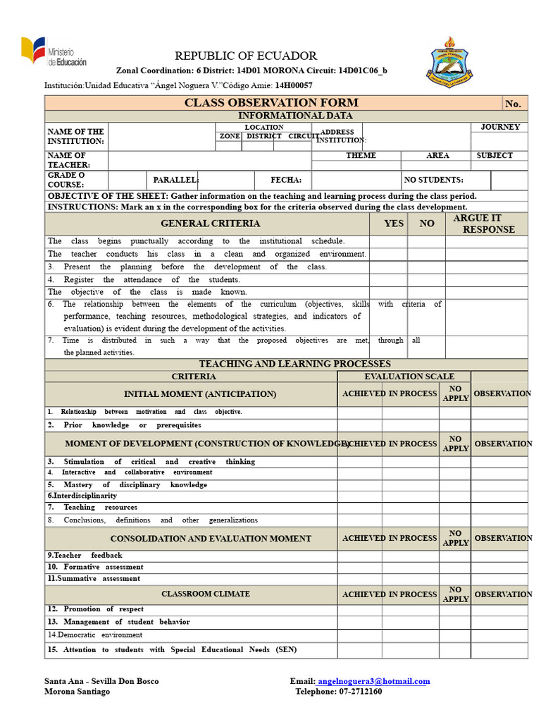 Classroom Observation Sheet 18-19 | PDF | Teachers | Evaluation