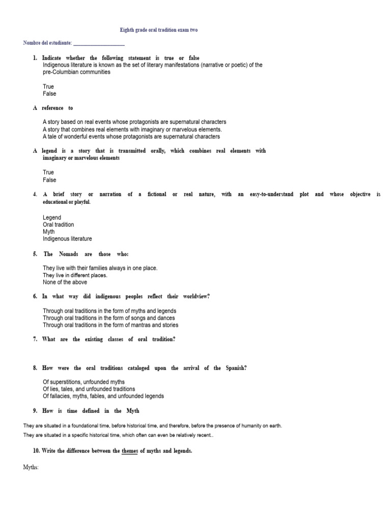 Oral Tradition Exam Eighth Grade Two | PDF | Legends | Oral Tradition