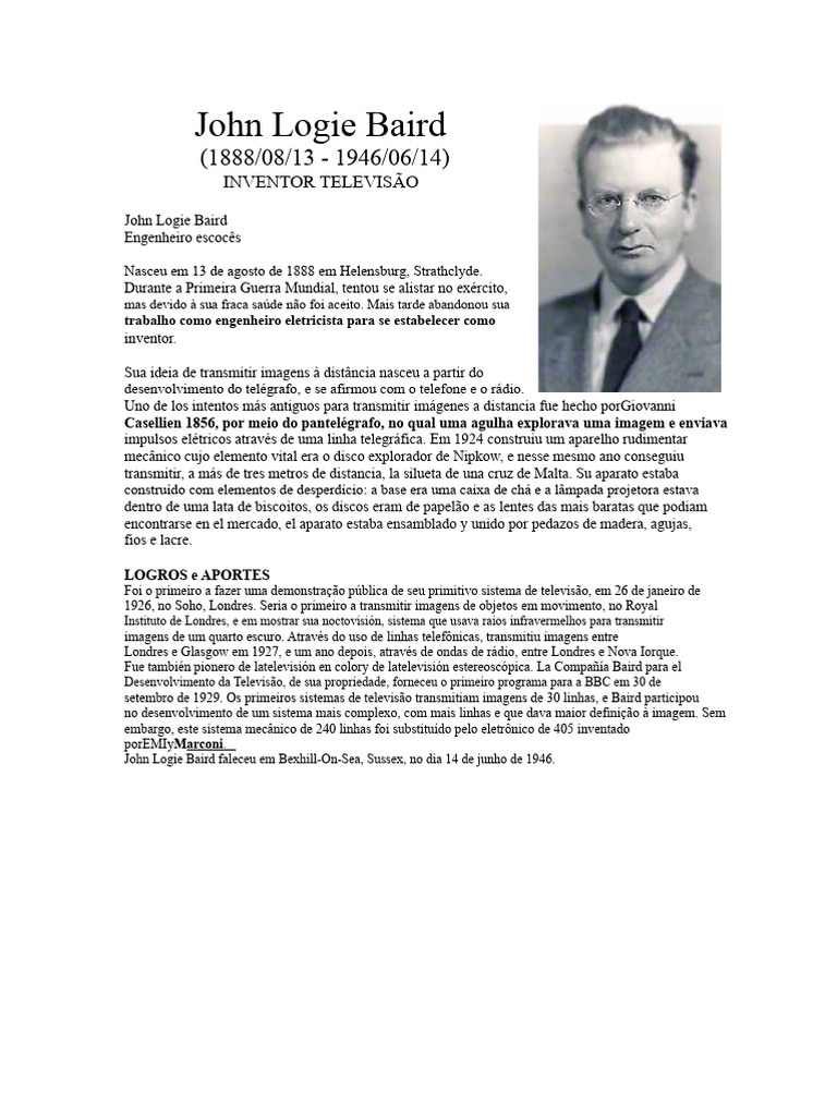 John Logie Baird Inventor Da Televisão Biografia | PDF