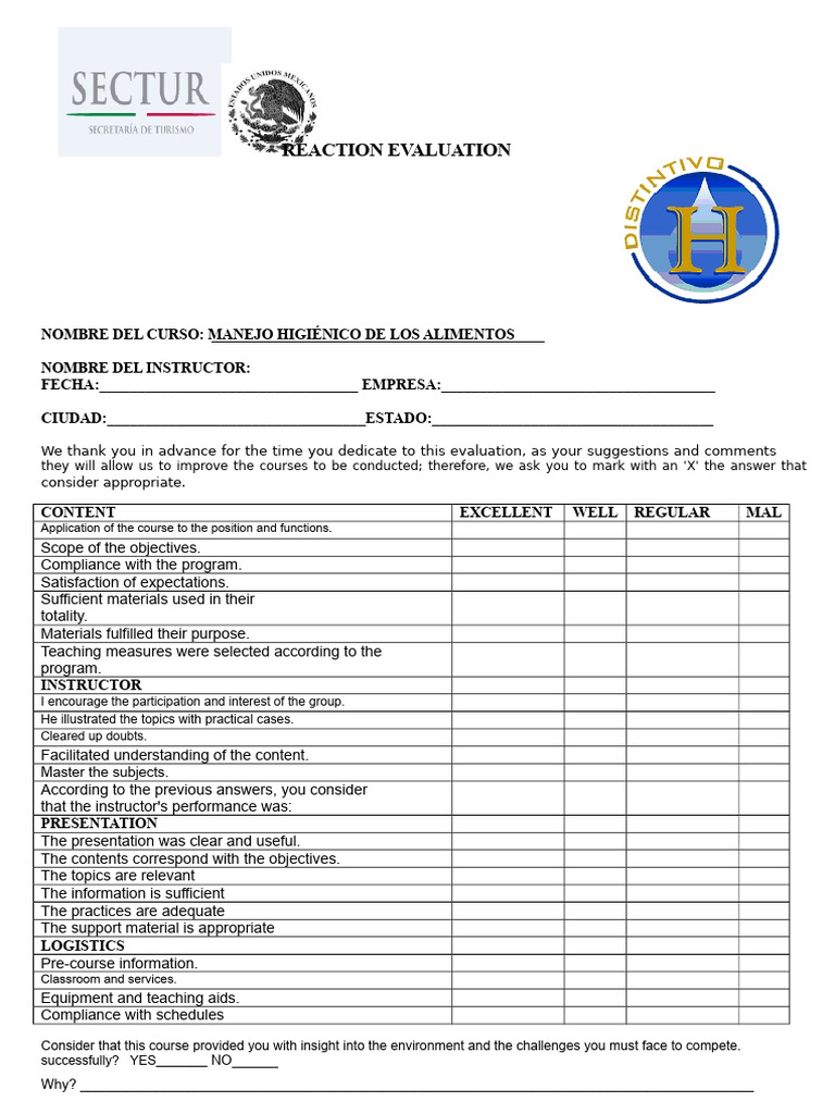 Food Safety Course Evaluation Form | PDF