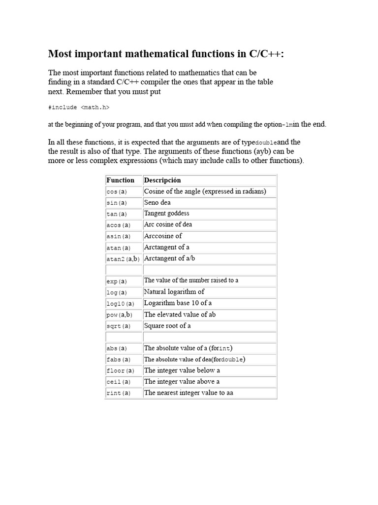 Mathematical Functions of C++ | PDF