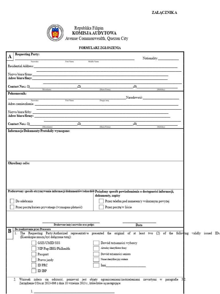 COA_C2013-006_ZałącznikA_Formularz_Żądania | PDF