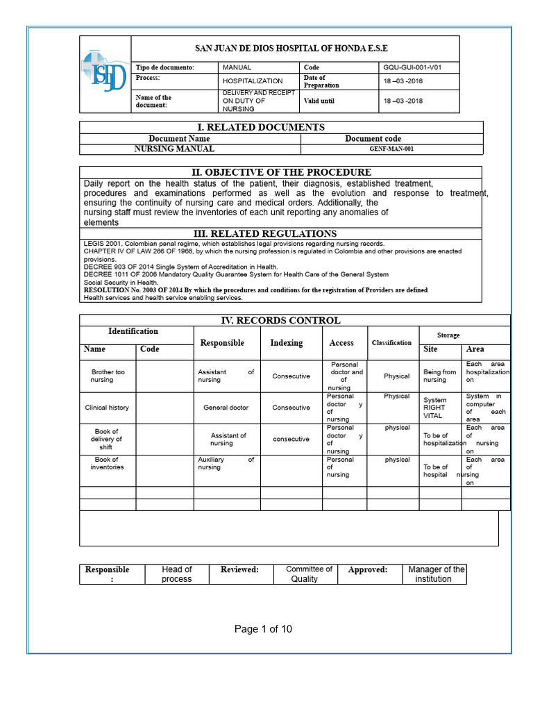 Hos-Prc-002-V01 Procedures For Shift Handover in Nursing | PDF ...