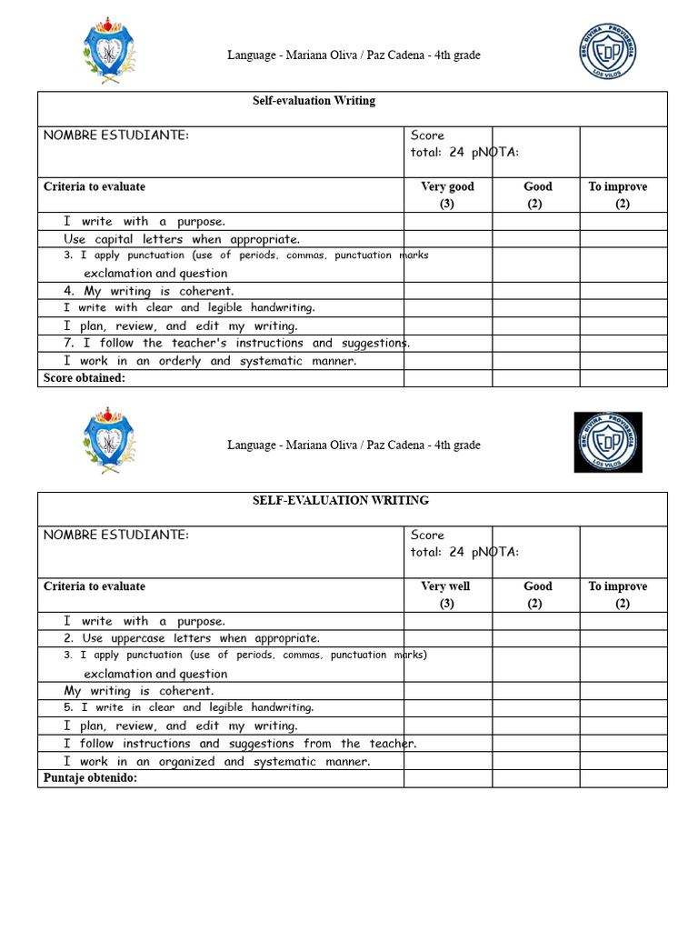 4th Grade Writing Self-Evaluation Guide | PDF