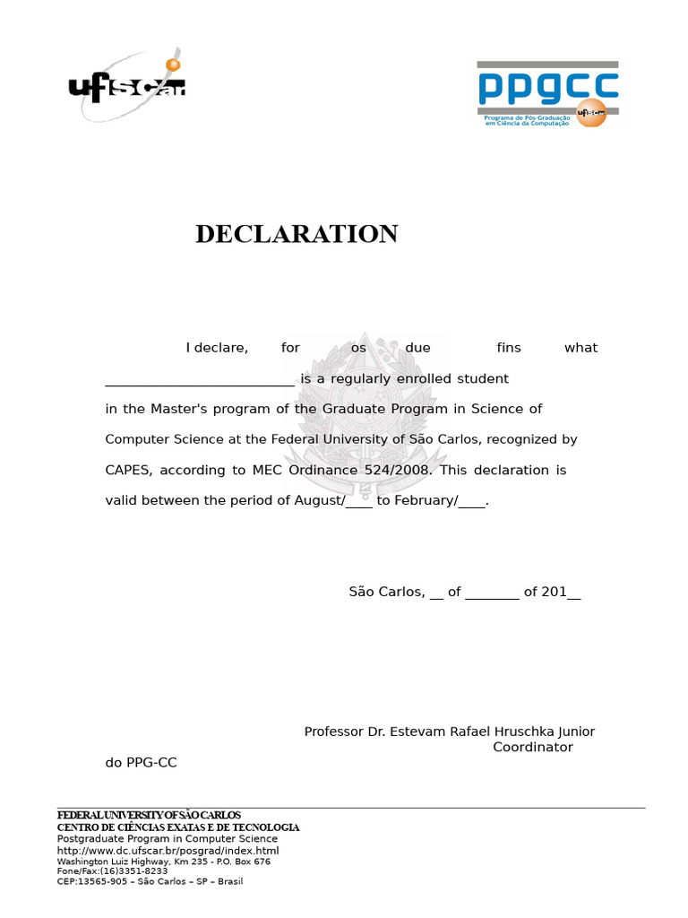 Regular Students Declaration Model - Master's Degree | PDF