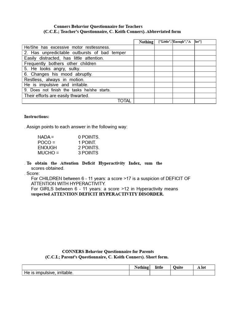 Conners Behavioral Questionnaire for Parents | PDF | Attention Deficit Hyperactivity Disorder ...