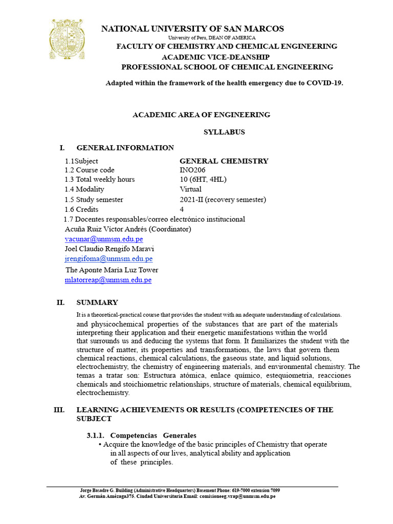 General Chemistry Syllabus UNMSM | PDF | Chemistry | Stoichiometry