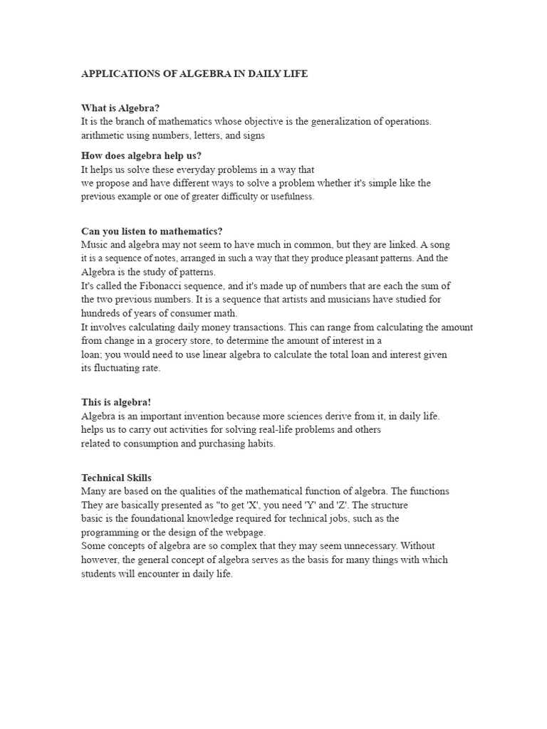 Algebra's Role in Everyday Life | PDF | Algebra | Mathematics