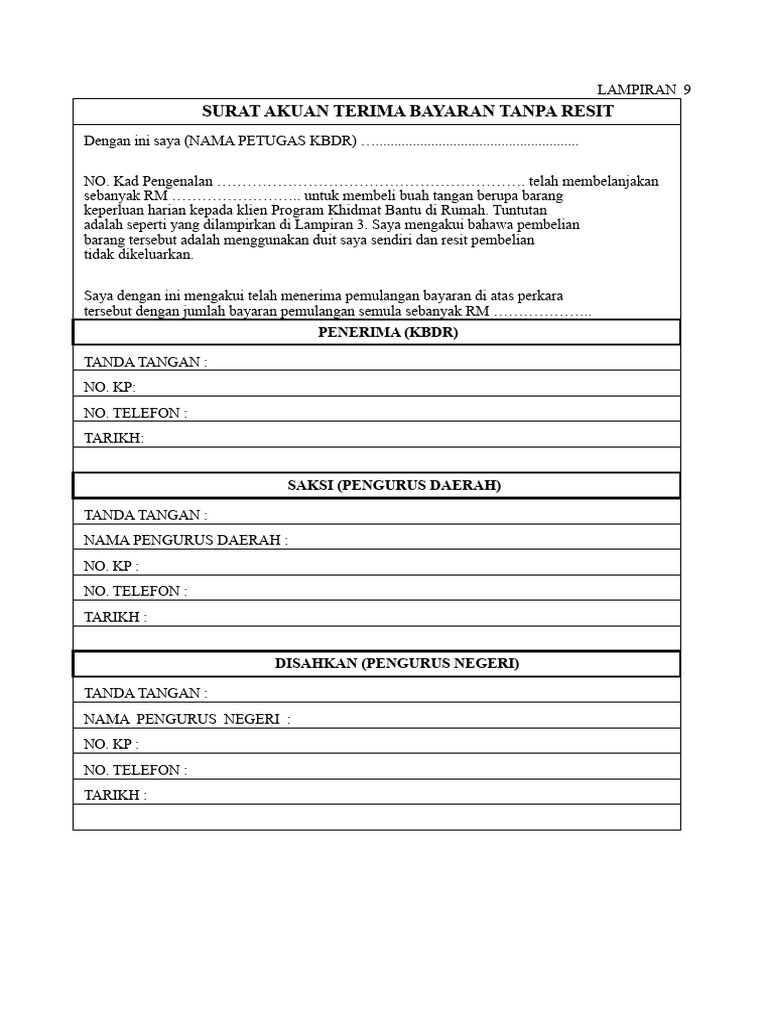 Contoh - SURAT PENGAKUAN PENERIMAAN PEMBAYARAN TANPA RESIT | PDF