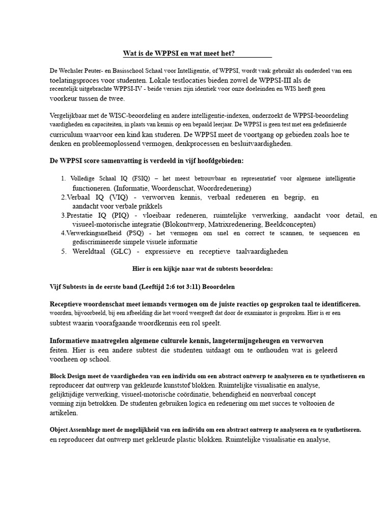 Wat Is de WPPSI en Wat Meet Het? | PDF