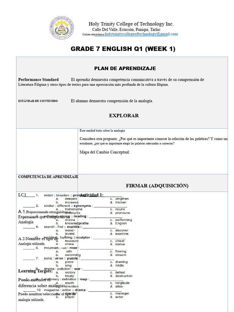 GRADO 7 Semana 1 | PDF | Aprendizaje | Analogía