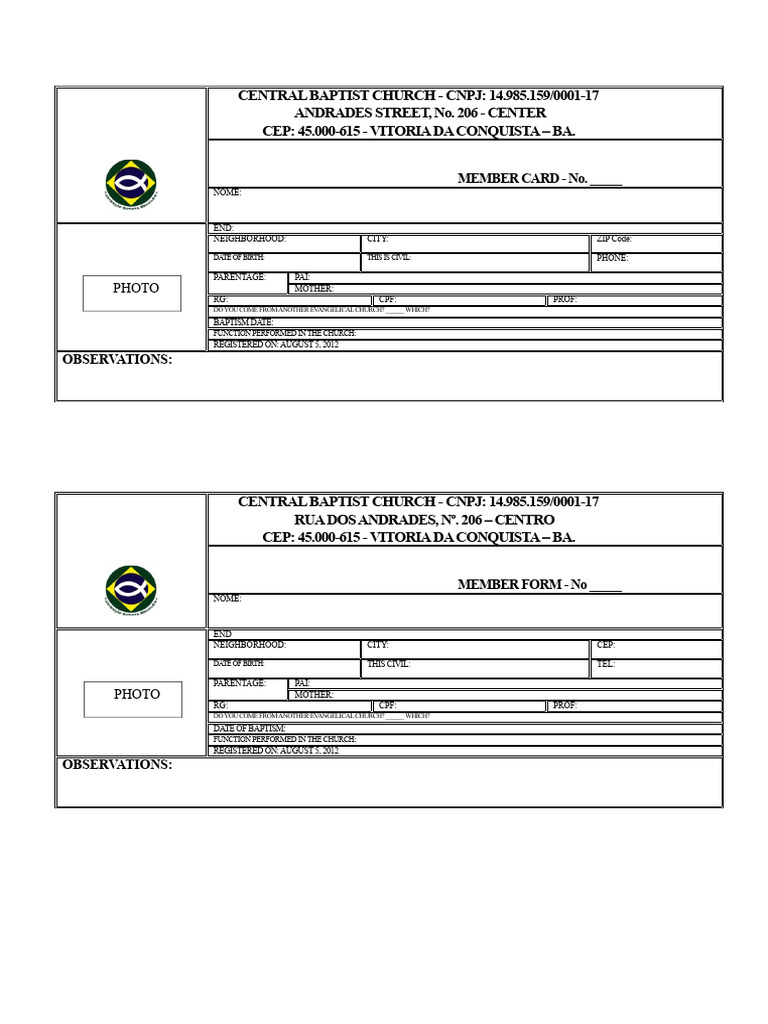 Central Baptist Church Membership Card | PDF