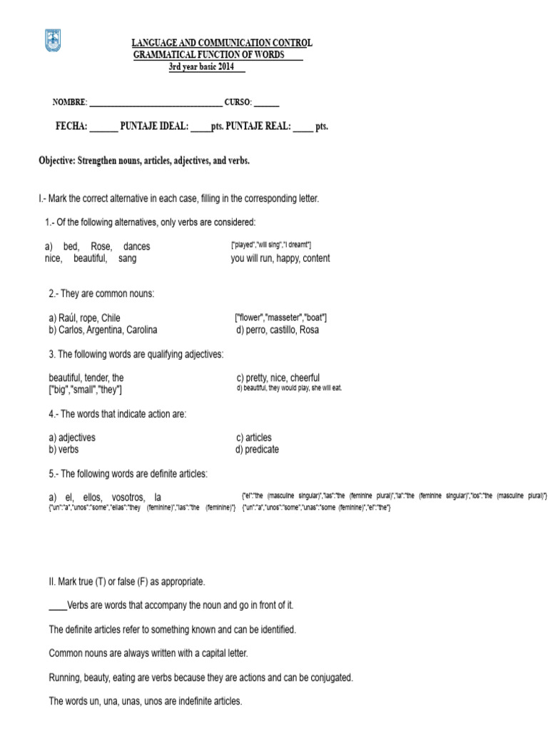 Language Skills: Nouns, Verbs, Adjectives | PDF | Grammatical Gender ...