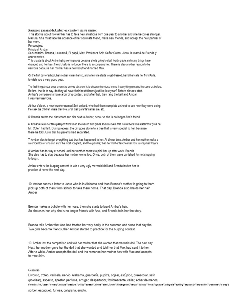 General Summary of Amber in Fourth and Without Her Friend | PDF