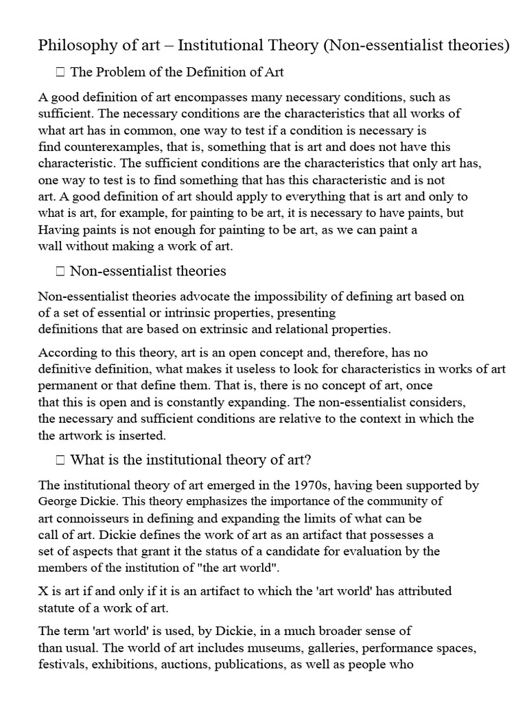 Institutional Theory - Philosophy of Art (Non-Essentialist Theory ...