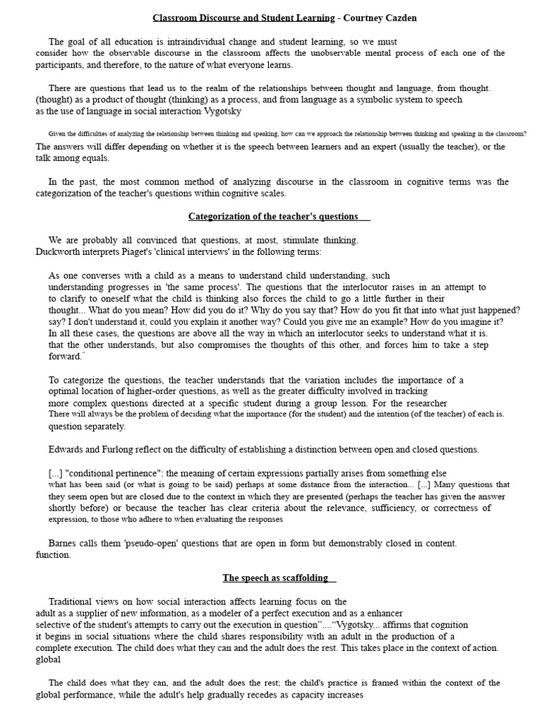 Cazden's Summary - Classroom Discourse and Student Learning | PDF ...