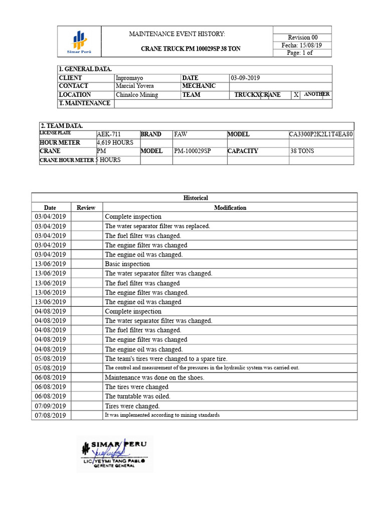 7 Maintenance History - Pm 100029sp | PDF | Crane (Machine) | Engines