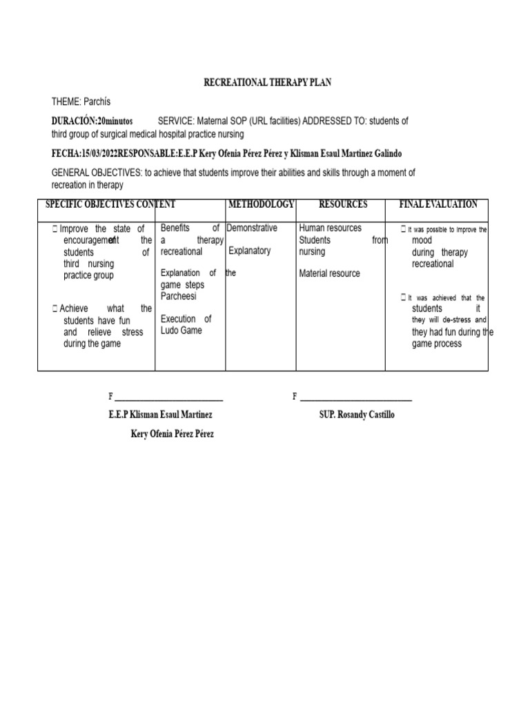 RECREATIONAL THERAPY PLAN | PDF