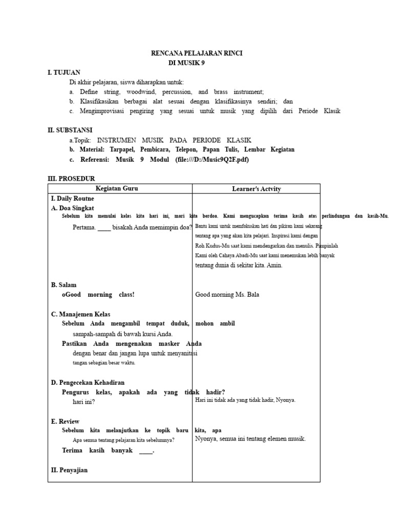Rencana Pelajaran Musik Klasik 9 | PDF
