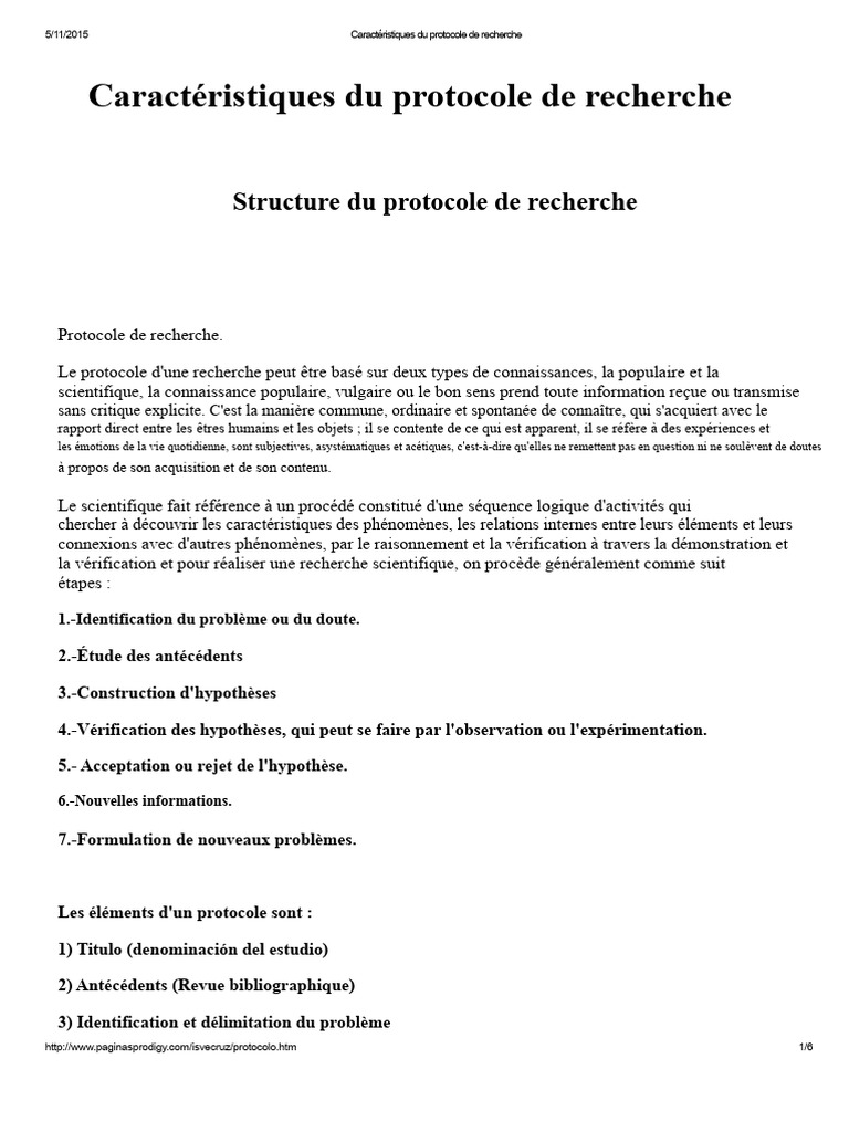 Caractéristiques du protocole de recherche | PDF | Expérience | Méthode ...