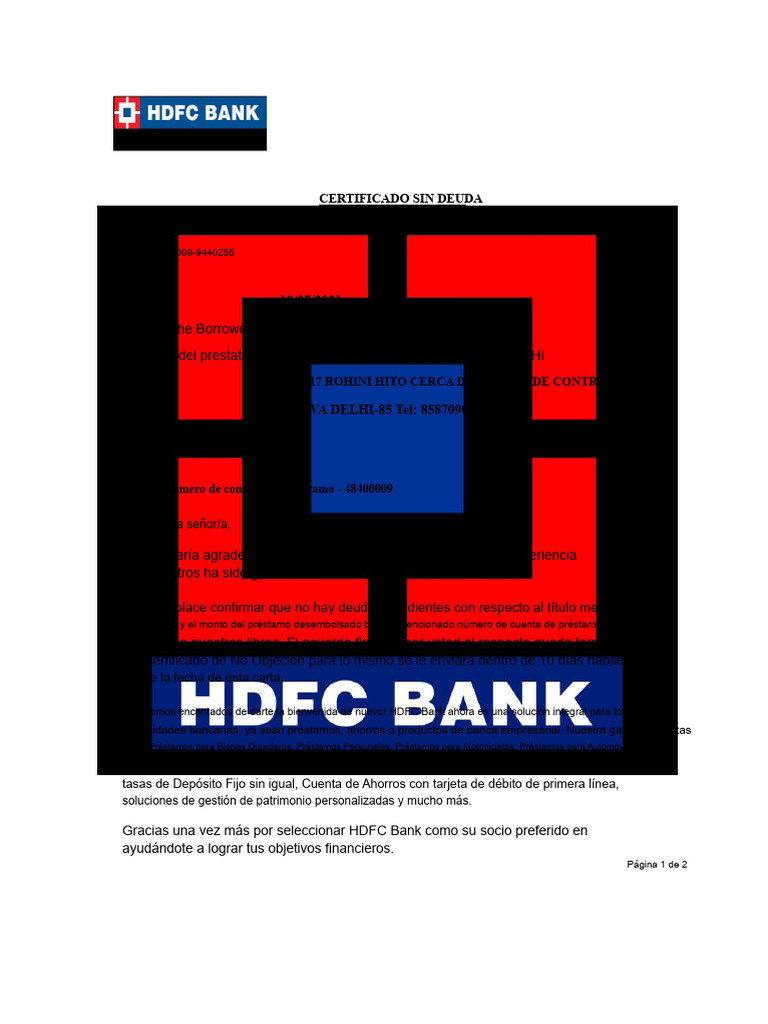 Certificado de No Deuda HDFC Bank | PDF | Bancos | Deuda