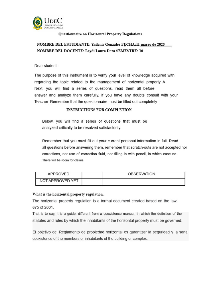 Questionnaire On Horizontal Property Regulations | PDF | Property ...