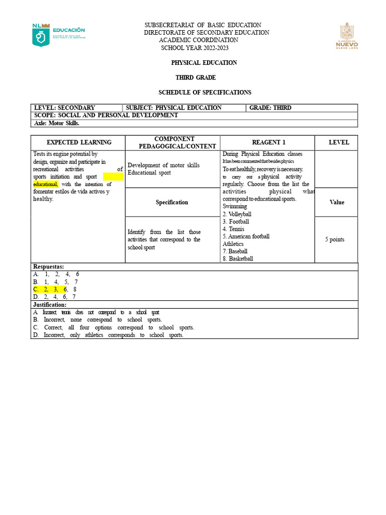 Specifications Table Third Grade Physical Education | PDF | Physical ...