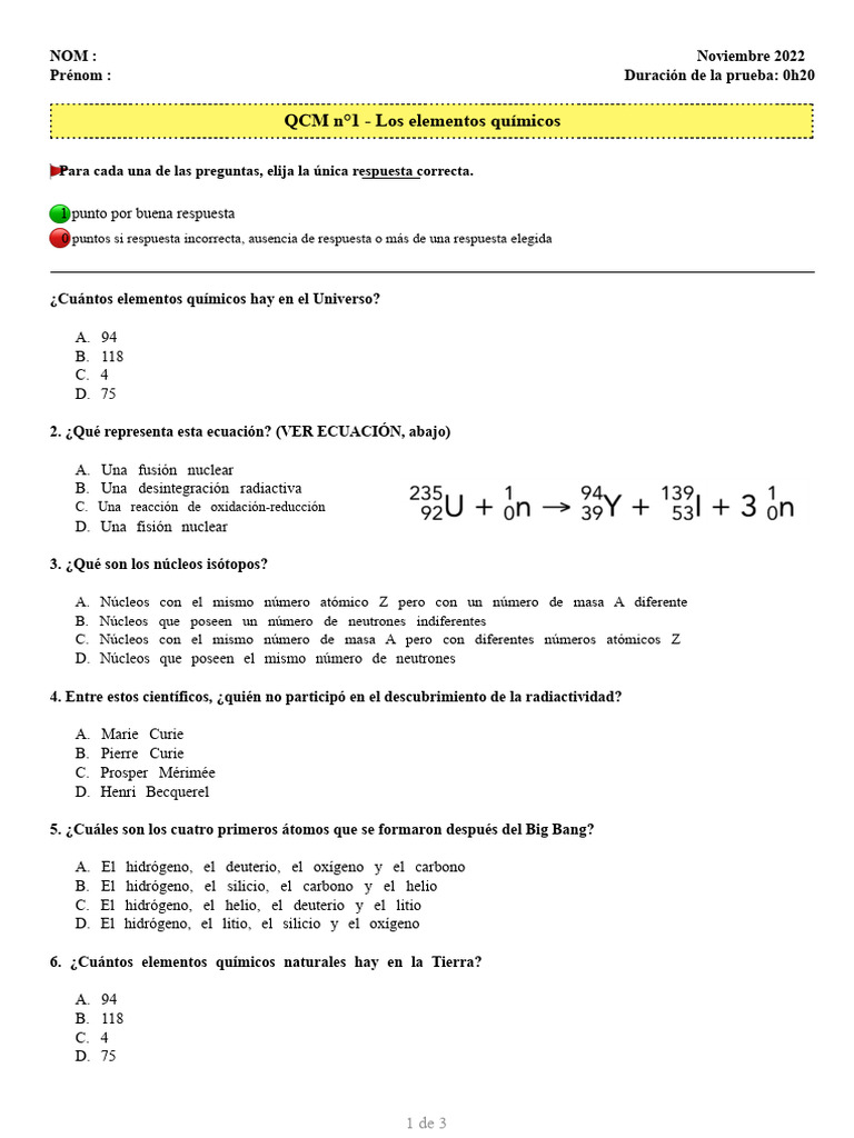 QCM N°1 - Los Elementos Químicos (QCM y Corrección) | PDF | Física nuclear | Desintegración ...