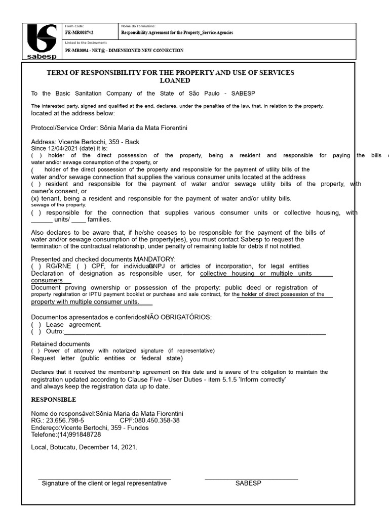 SABESP Property Responsibility Agreement | PDF | Private Law | Business Law